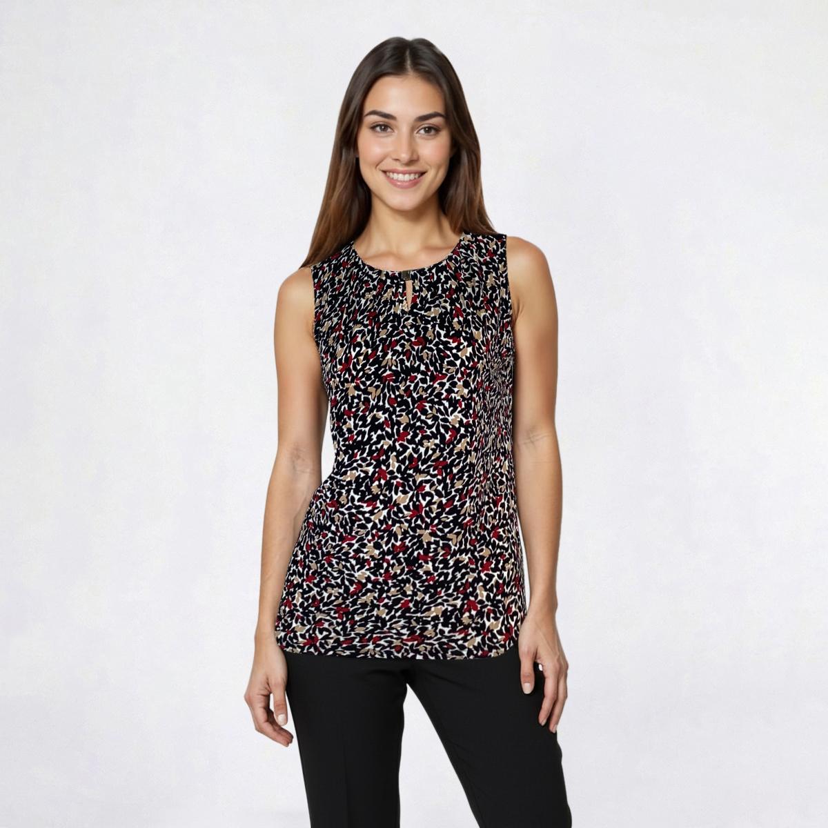 Kasper Womens Printed Keyhole Sleeveless Top - Vanilla Ice Multi